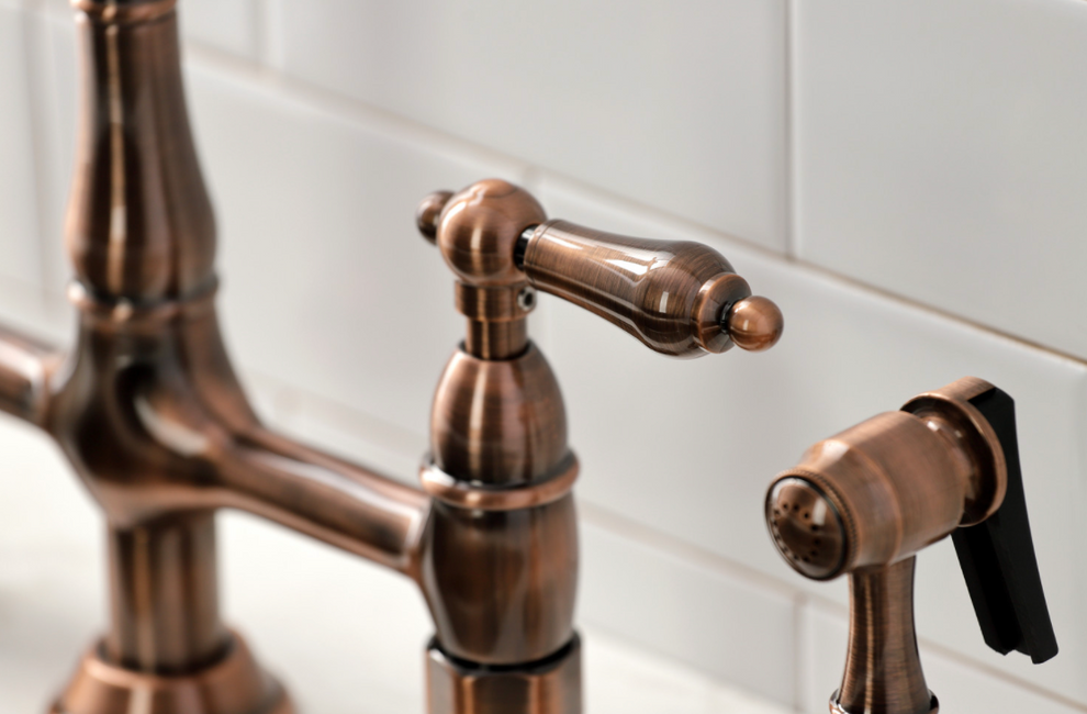 Heritage Bridge Kitchen Faucet with Side Spray - Lever Handles | Rustic ...